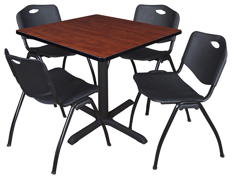 Cain 42" Square Breakroom Table- Cherry & 4 'M' Stack Chairs- Black ...