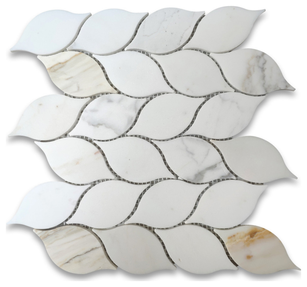 Calacatta Gold Marble Leaf Shape Medi Mosaic Tile Honed, 1 sheet, 3 ...