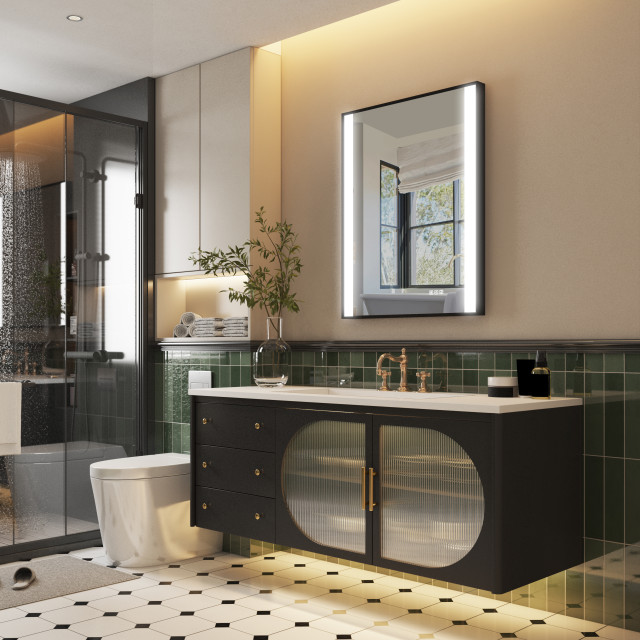 Framed LED Bathroom Vanity Mirror With Defogger, Matte Black, 28"x36 ...