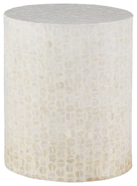 Linon Court Wood and Capiz Ombre Drum Accent Table in White - Side ...