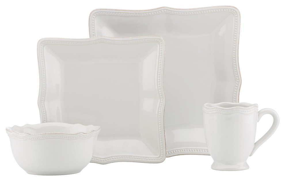French Perle Bead White Dinnerware Square 4 Piece Plate Set ...