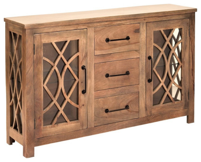 64" Slim Natural Color Rustic Curio Buffet With Trellis Glass Doors and ...