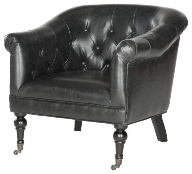 Traditional Black Armchair with Turned Legs, Faux Leather Seat & Button ...