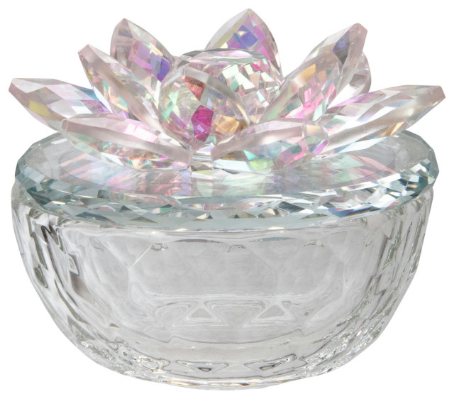Glass Trinket Box Clear W/blush Lotus Top - Asian - Jewelry Boxes And ...