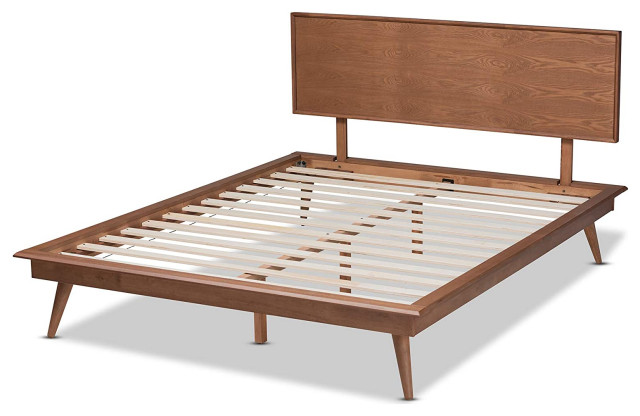 Elegant Queen Platform Bed with Angled Legs & Slatted Panel Headboard ...