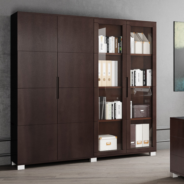 72” Modern Hayes Dark Walnut Wood Double Cabinet Storage Unit Glass ...