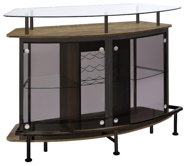 Pemberly Row Glass Top Wood Bar Unit Brown Oak and Black Nickel ...