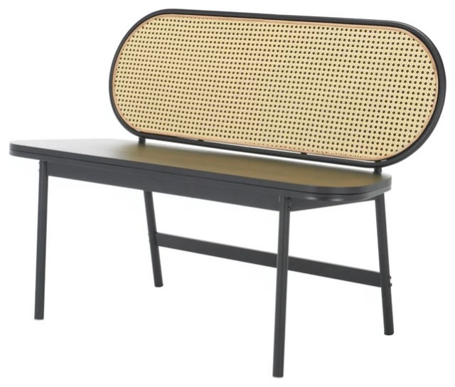 Coastal Cane Bench with Wooden Frame and Oval Rattan Back, Black ...