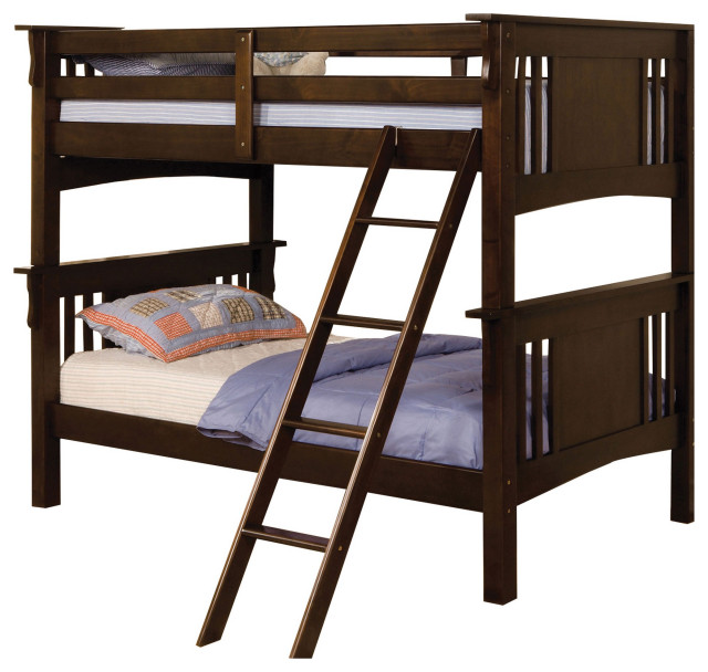 Benzara BM217459 Wooden Twin over Twin Bed with Angled Ladder, Walnut ...