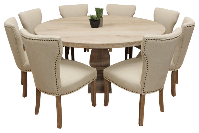 Benedict 9-Piece Dining Set, 70" Round Dining Table & 8 Ivory Linen Chairs - Farmhouse - Dining ...
