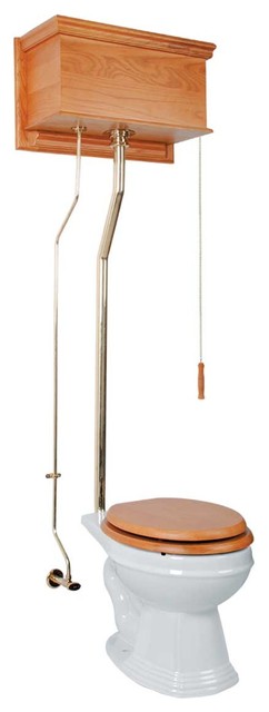 High Tank Toilet Round White Bowl Solid Wood Brass | - Traditional ...