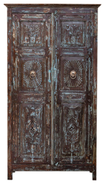 Consigned Rustic Vintage Armoire, Sunrays Hand-carved Tall Reclaimed ...