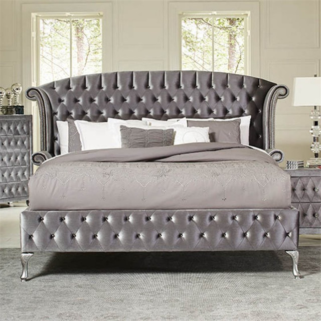 Coaster Deanna Tufted Upholstered Velvet California King Bed in Gray ...