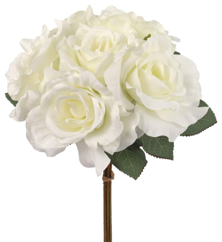 6 Silk White Roses & Foliage | 14" Floral Decor - Modern - Artificial ...