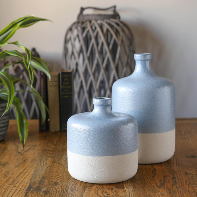 Stoneware Round Vase With Narrow Mouth, Short Neck, Beige Banded Rim ...