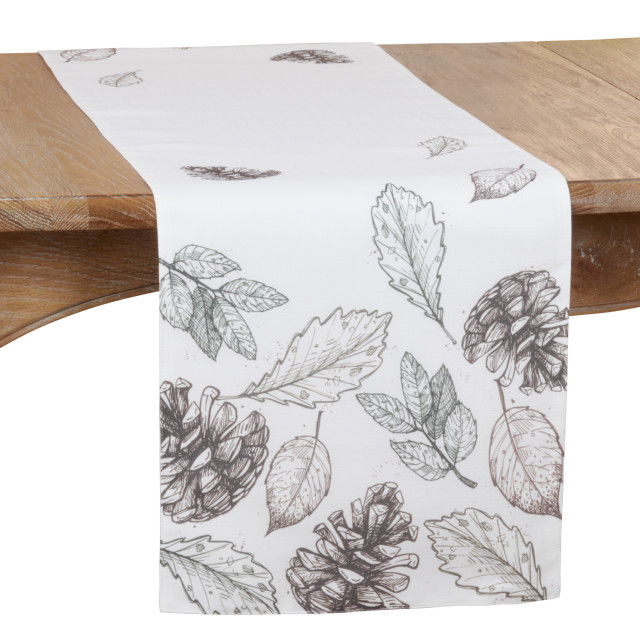 Table Runner With Fall Leaf and Pinecone Design, White - Rustic - Table ...