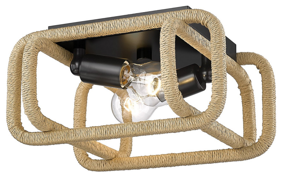 Camden 2 Light Flush Mount in Matte Black with Natural Raphia Rope ...
