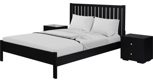 Graham Wooden Platform Bed, Black With 2 Nightstands - Transitional ...