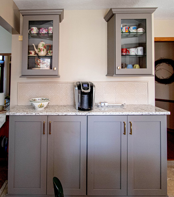 2 Tone Gray Kitchen with Quartz Countertop and Crackle Tile Backsplash ...