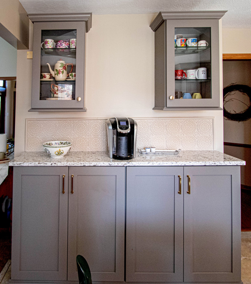 2 Tone Gray Kitchen with Quartz Countertop and Crackle Tile Backsplash ...