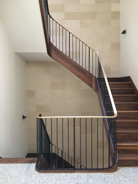 Walnut Stairs with Bronze Handrail and Iron Balusters - Staircase ...