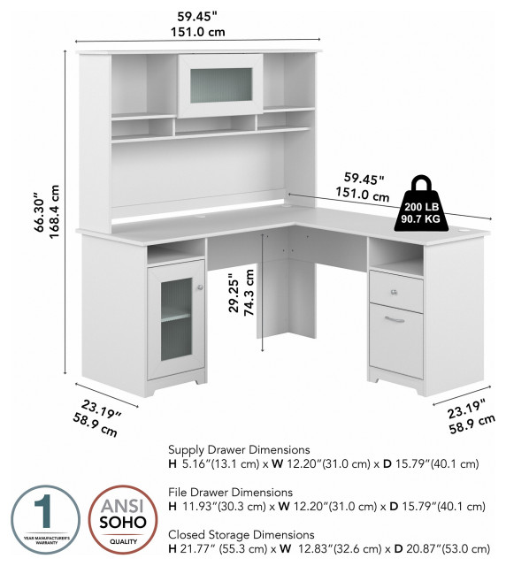 Cabot 60W L-Shaped Computer Desk With Hutch, White - Transitional ...