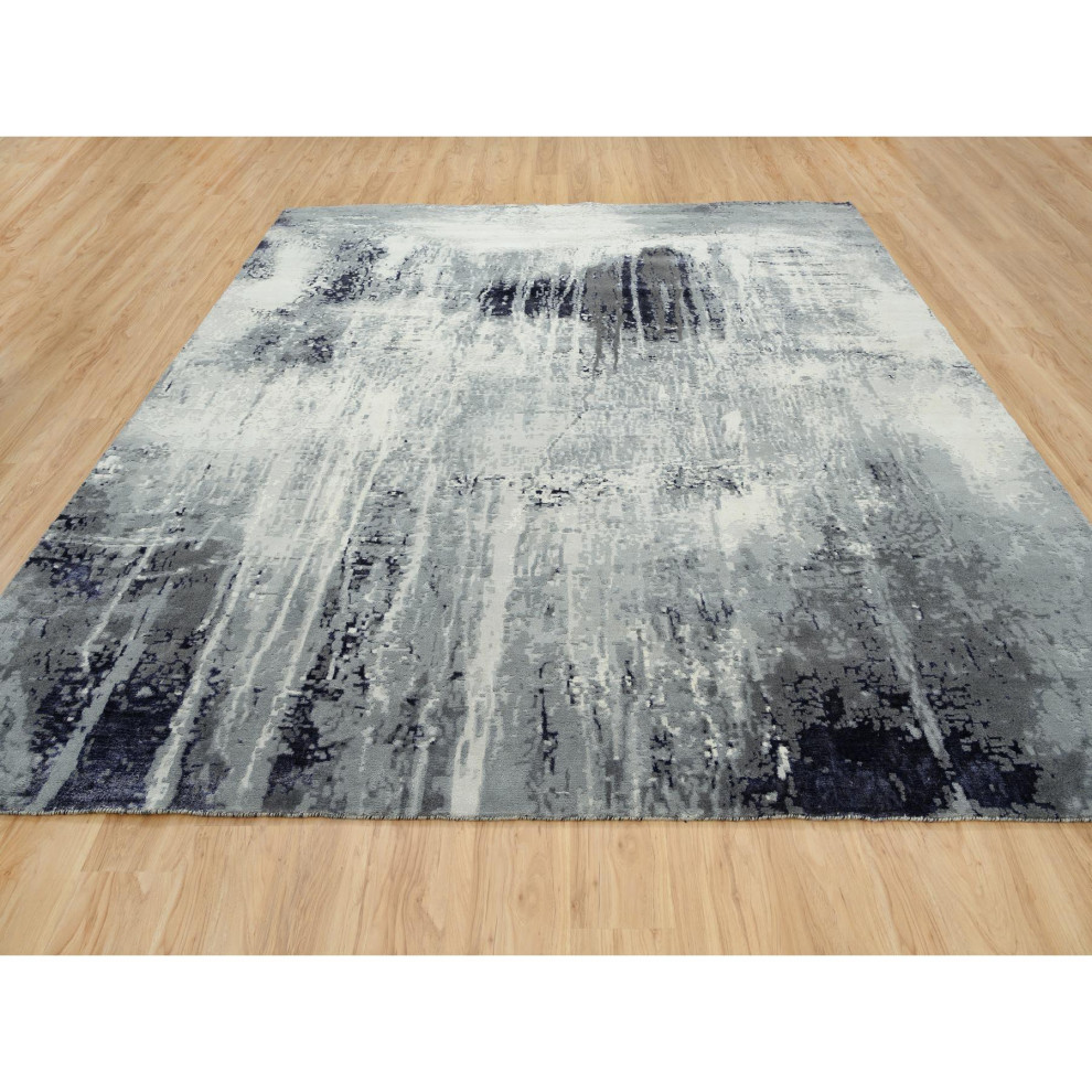 Black, Abstract Design, Wool and Silk, Hand Knoted, Square, Rug, 10'0 ...