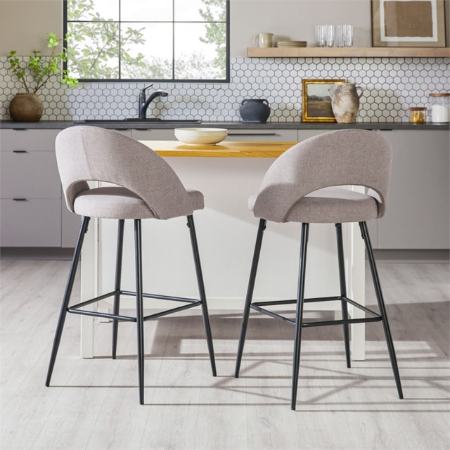 Walker Edison Metal Upholstered Bar Stool with Rounded Back in Off ...