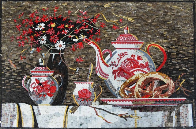 Mosaic Designs- Pink Tea Kettle, 59" x 41" - Traditional - Tile Murals ...