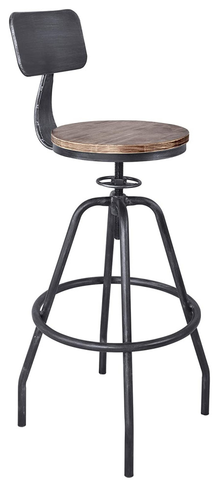 Industrial Bar Stool, Grey Finished Metal Frame With Adjustable Pine ...