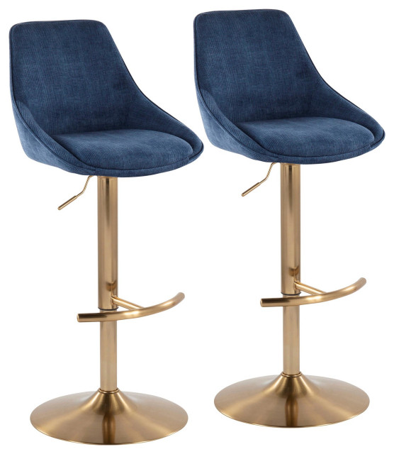 Diana Adjustable Bar Stool, Set of 2, Gold Metal/Blue Corduroy ...