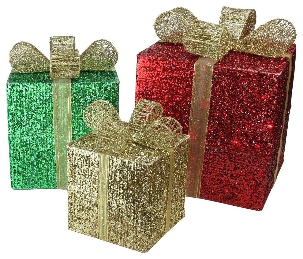 Lighted Glistening Prismatic Gift Box Christmas Outdoor Decoration, 3 ...