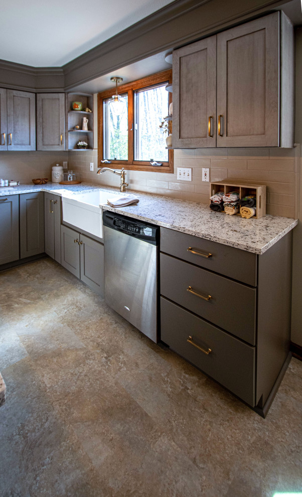 2 Tone Gray Kitchen with Quartz Countertop and Crackle Tile Backsplash ...