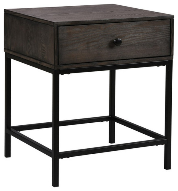 Ava Espresso Engineered Wood End Table with Charging Ports and Metal ...