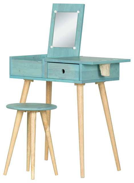 Solid Vanity Table with Stool Set-Blue Wood - Transitional - Bedroom ...