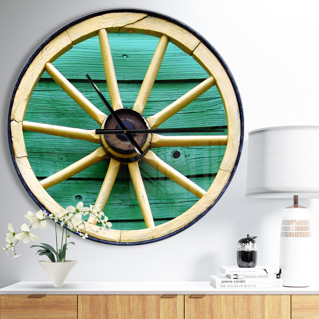 Antique Wagon Wheel On Turquoise Wood Farmhouse Clock, 23x23 - Rustic ...