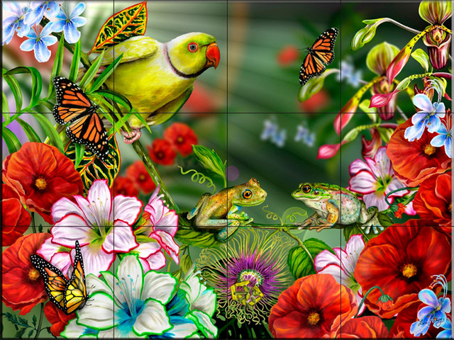 Tile Mural, Green Parrot And Frog Friends by Lori Schory, 17" x 12.75 ...