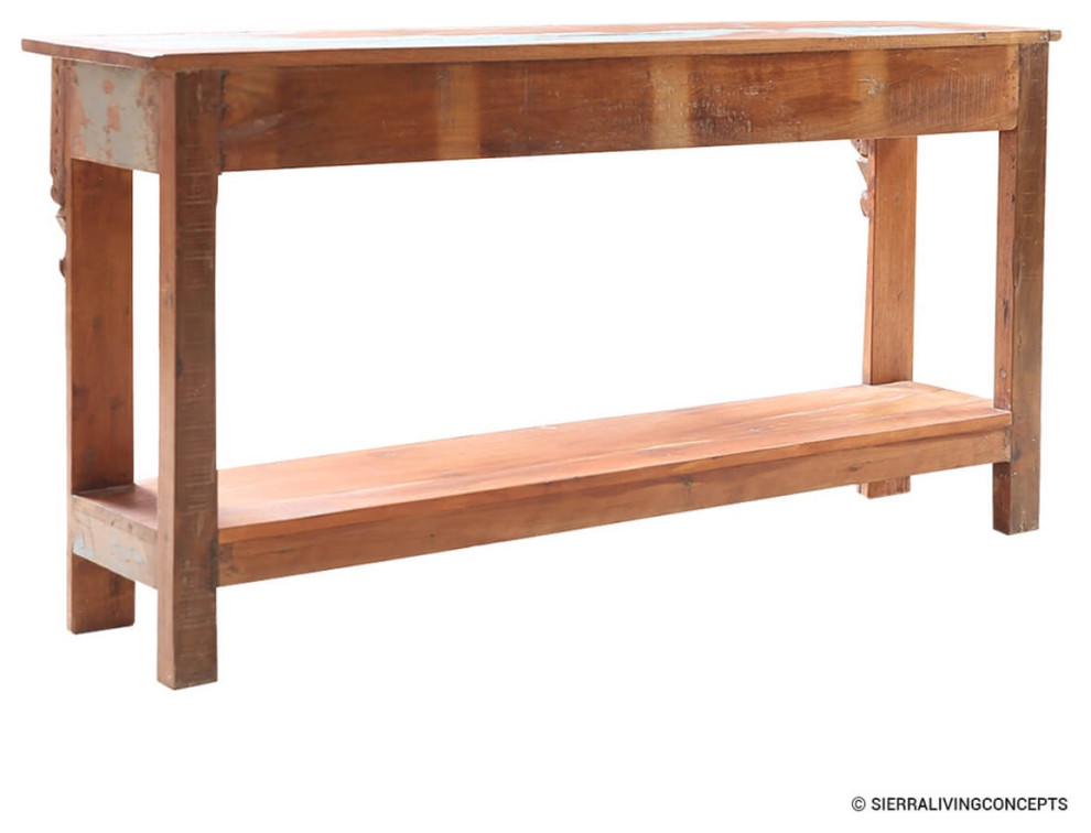 Hand-carved 2 Tier Reclaimed Wood Console Table - Farmhouse - Console ...