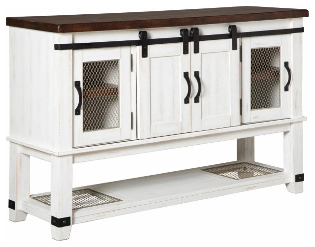 Large Industrial Sideboard, 2 Metal Mesh Doors & 2 Sliding Doors, White ...