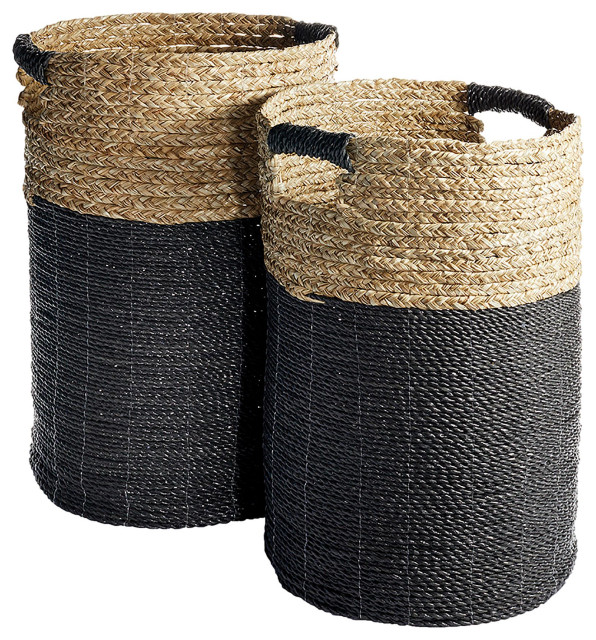 Set 2 Contemporary Casual Natural Black Round Tall Tote Baskets Handles ...