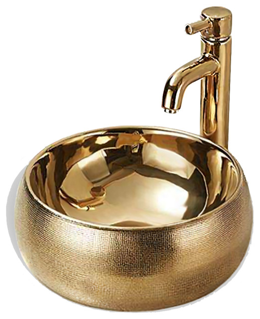 Round Vessel Sink 15-3/4" Gold Geometric Design - Contemporary ...