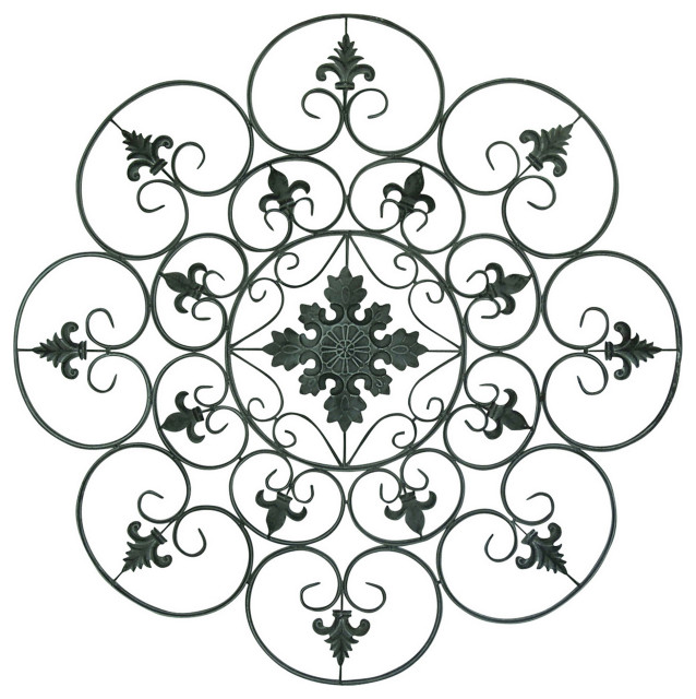 Plutus Brands Round Scroll Wall Decor With Fleur Di Lis, Gray Metal ...
