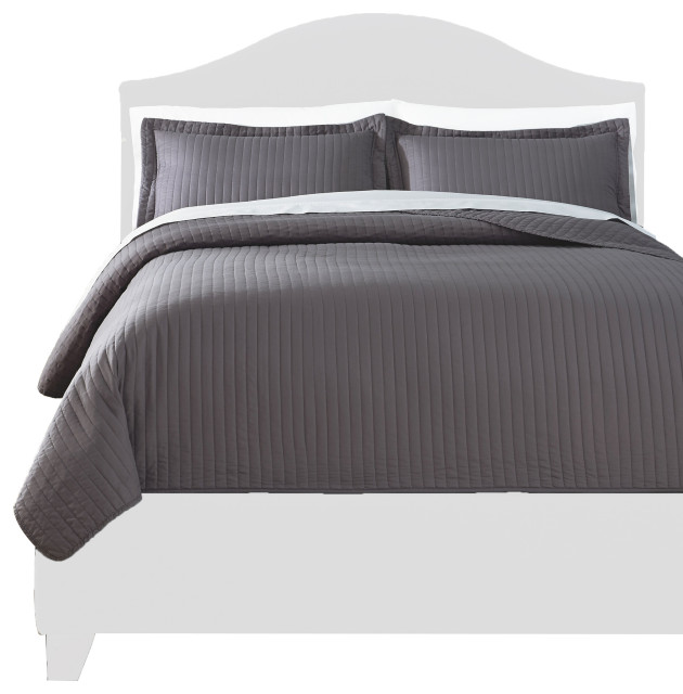 Benzara BM231959 3 Piece Chanel Stitched Queen Comforter Set, Gray ...