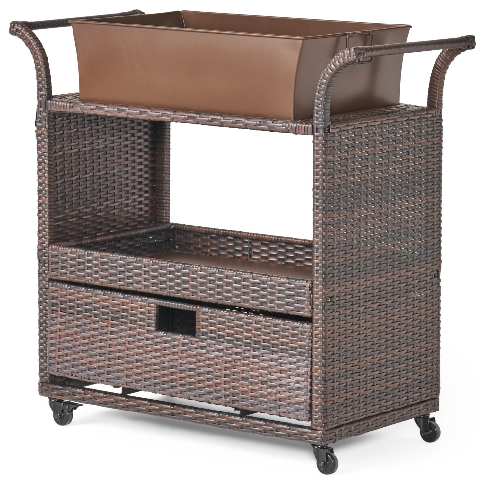 GDF Studio Maja Multibrown Wicker Bar Cart - Tropical - Outdoor Serving ...