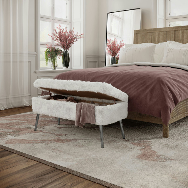 Huggy Luxury Plush Faux Fur Upholstered Storage Bench - Natural ...