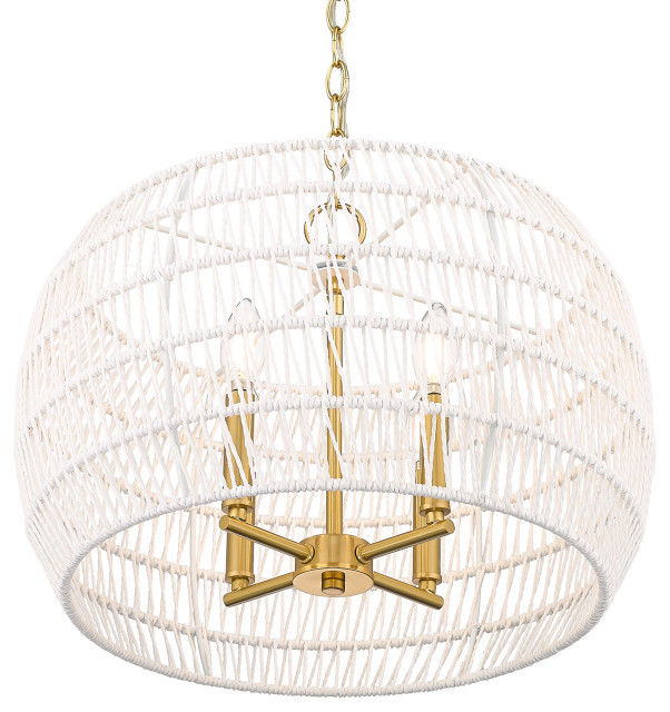 Ellie 4-Light Chandelier, Modern Brushed Gold With Bleached White Raphia Rope - Beach Style ...