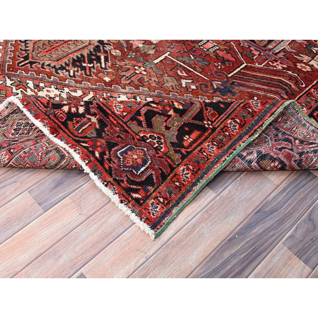 Rosewood Red Wool Hand Knotted Antique Zoroastrian Heris Rug 8' x 12'2 ...
