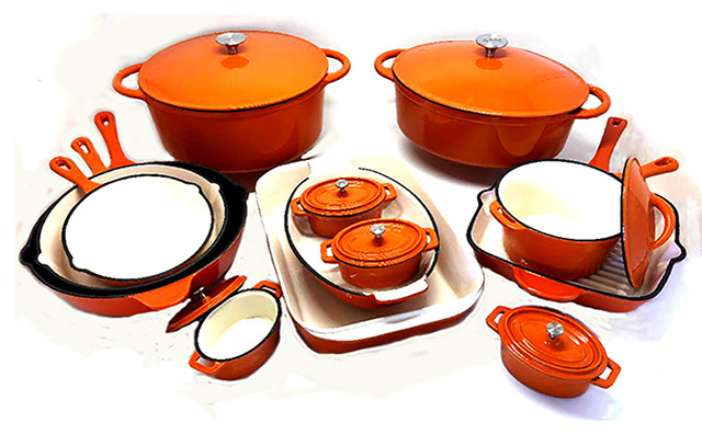 Le Chef 20-Piece All Enameled Cast Iron Orange Cookware Set ...