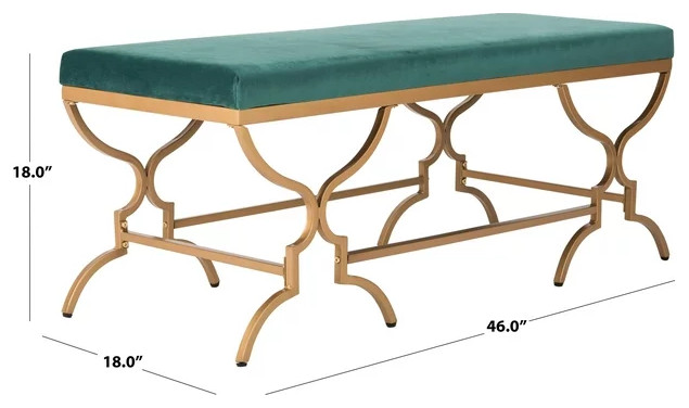 Glam Emerald Velvet Bench with Gold Geometric Base and Cushioned Seat ...