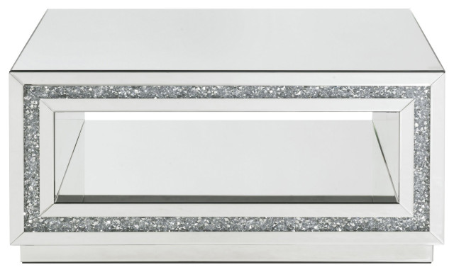 Mirrored Rectangular Coffee Table, Open Shelf, Faux Diamond Inlay ...
